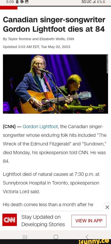 509 SGUC uill 6% Canadian singer-songwriter Gordon Lightfoot dies at 84 ...