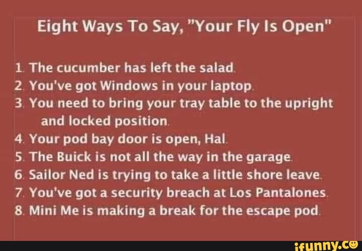 Eight Ways To Say, "Your Fly Ils Open" 1. The cucumber has left the ...