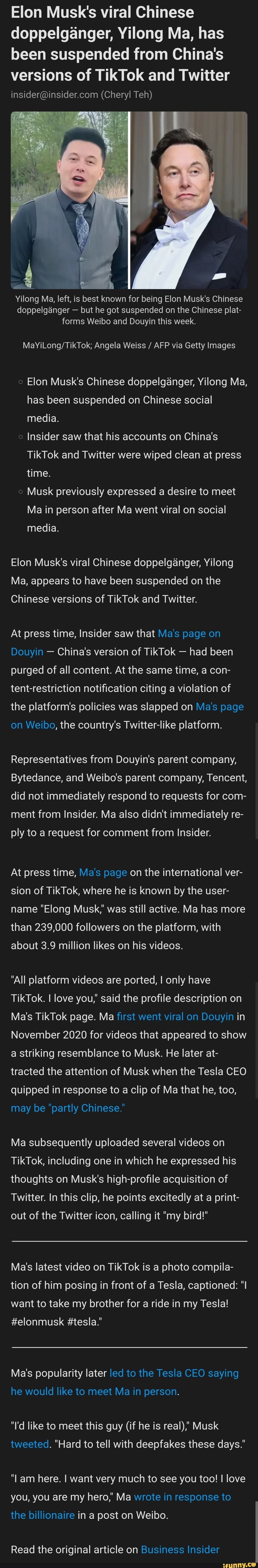 Elon Musk's viral Chinese doppelganger, Yilong Ma, has been suspended ...