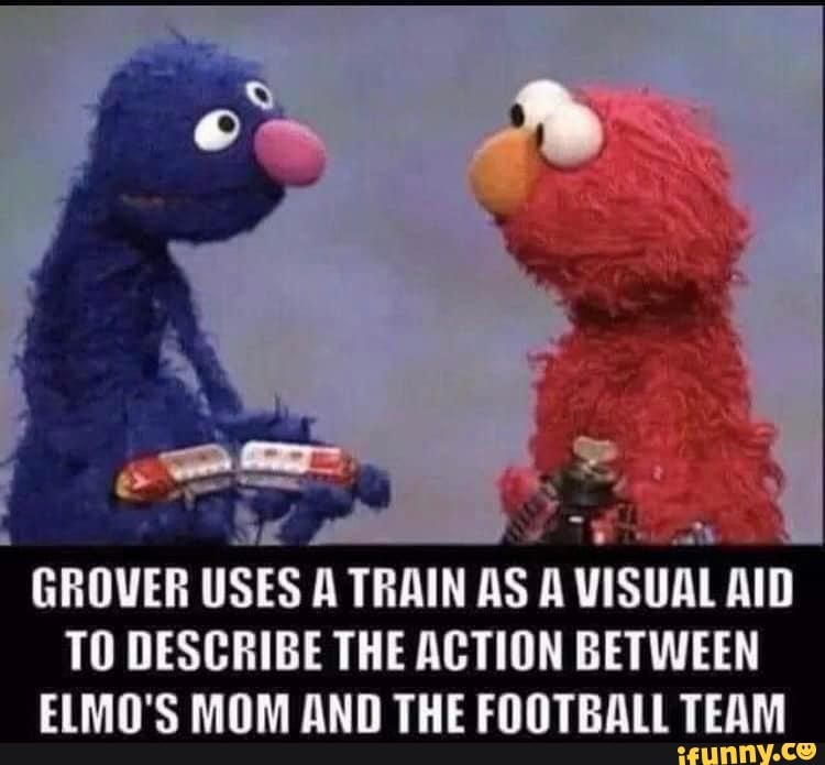 GROVER USES A TRAIN AS A VISUAL AID TO DESCRIBE THE ACTION BETWEEN ELMO ...