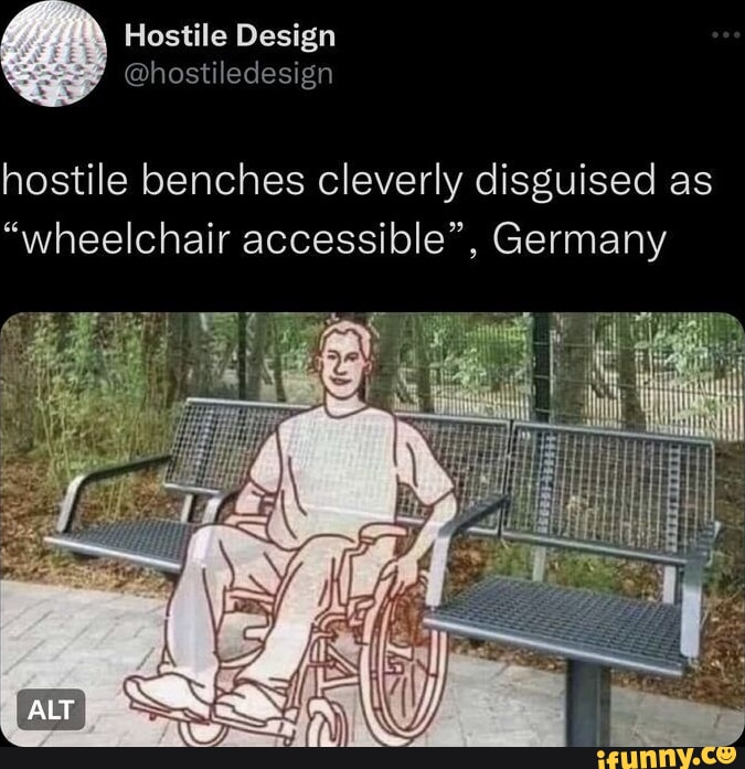 Hostile benches cleverly disguised as "wheelchair accessible", Germany ...