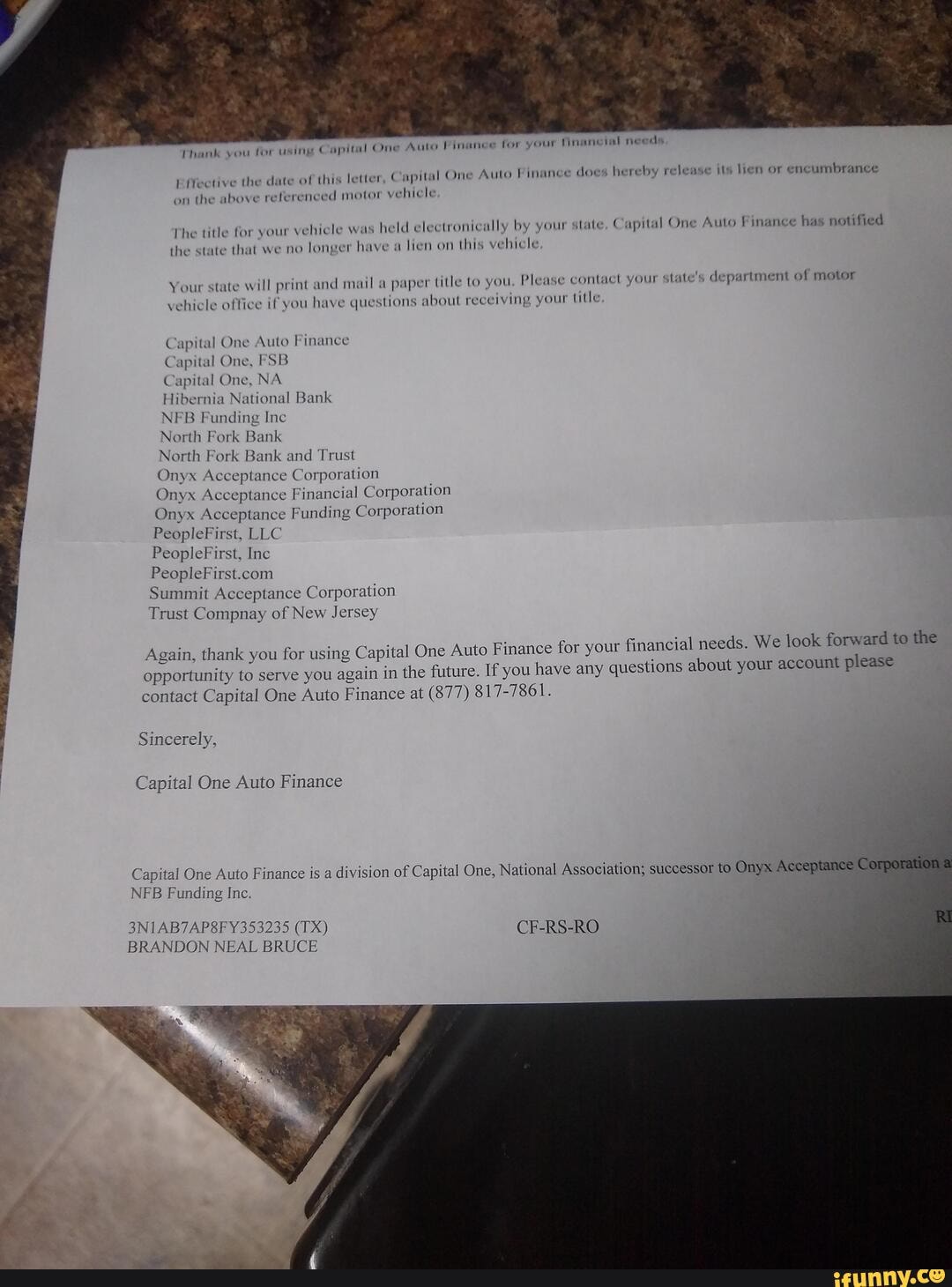 Finally paid off my car! Just got the final letter from CapOne. Feels ...