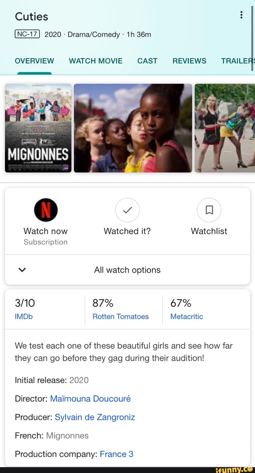 Cuties 2020 OVERVIEW WATCH MOVIE CAST REVIEWS TRAILER: MIONONNES Watch now Watched it? Watchlist ...