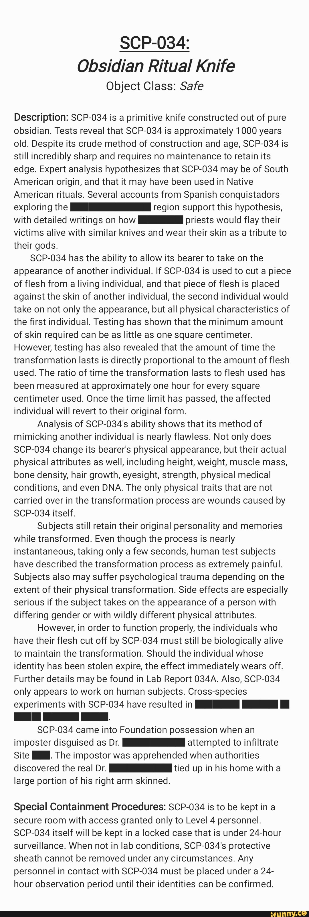 SCP-034: Obsidian Ritual Knife Object Class: Safe Description: SCP-034 ...