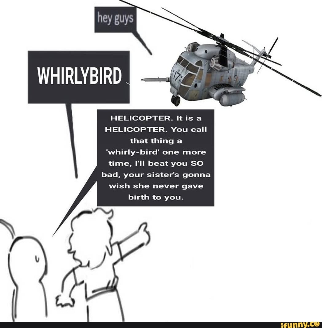 Hey guys WHIRLYBIRD HELICOPTER. Itis a HELICOPTER. You call that thing ...