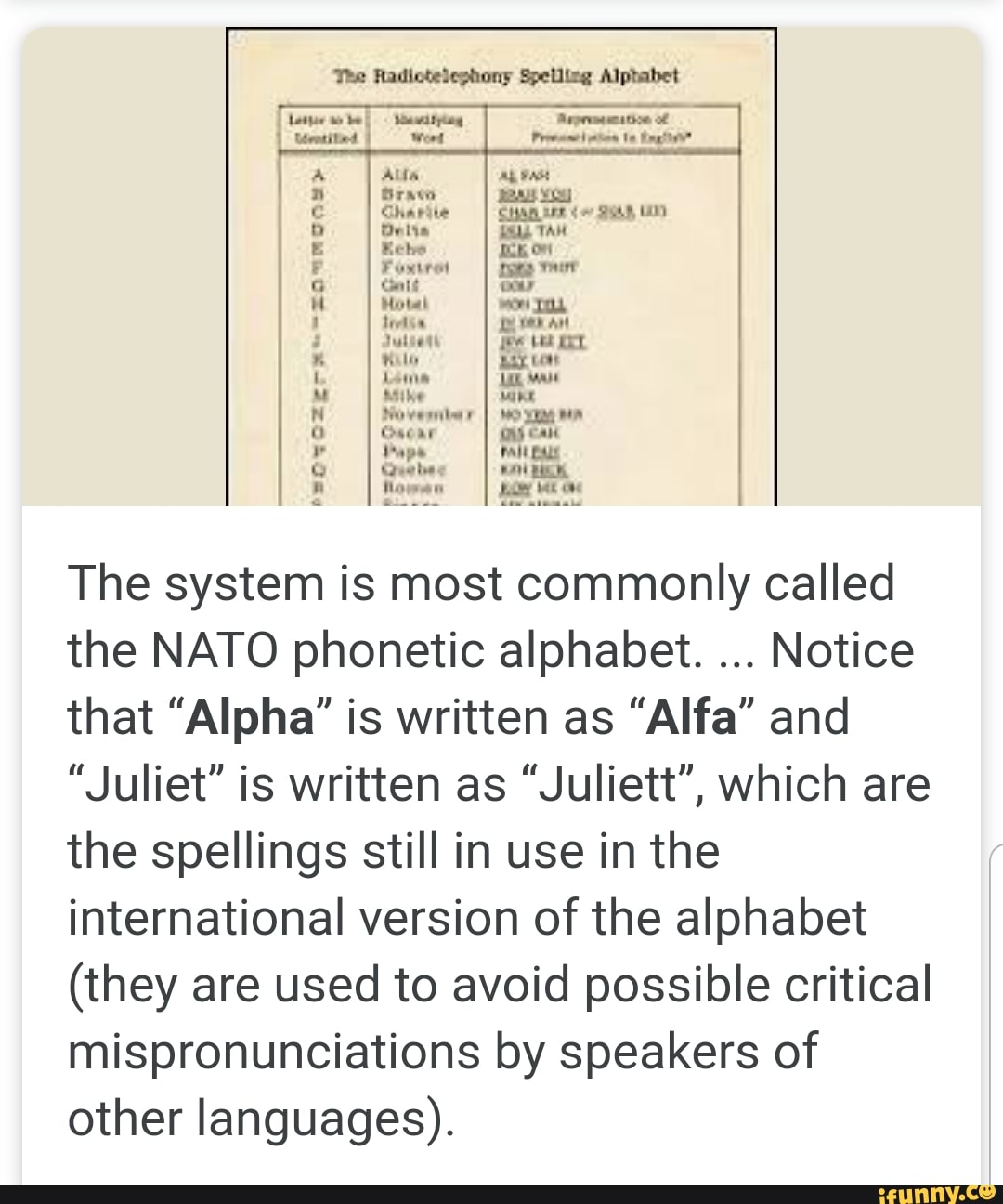 The system is most commonly called the NATO phonetic alphabet. Notice ...