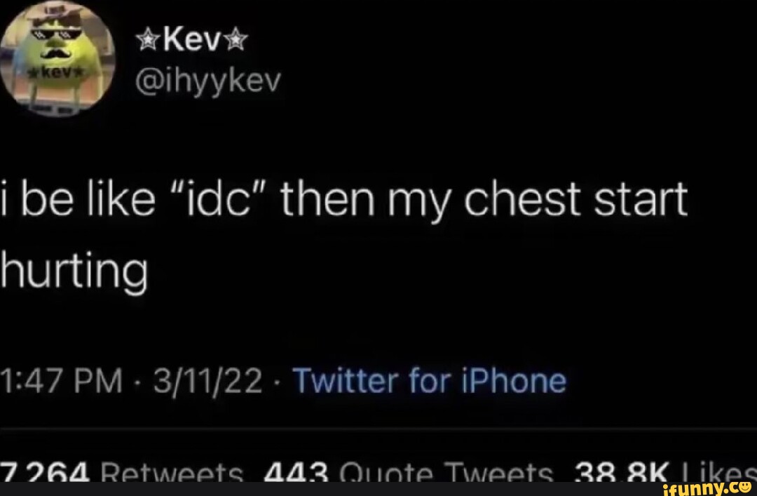 @ihyykev i be like "idc" then my chest start hurting PM - - Twitter for ...