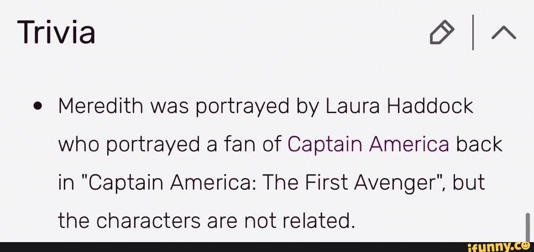 Trivia e Meredith was portrayed by Laura Haddock who portrayed a fan of ...