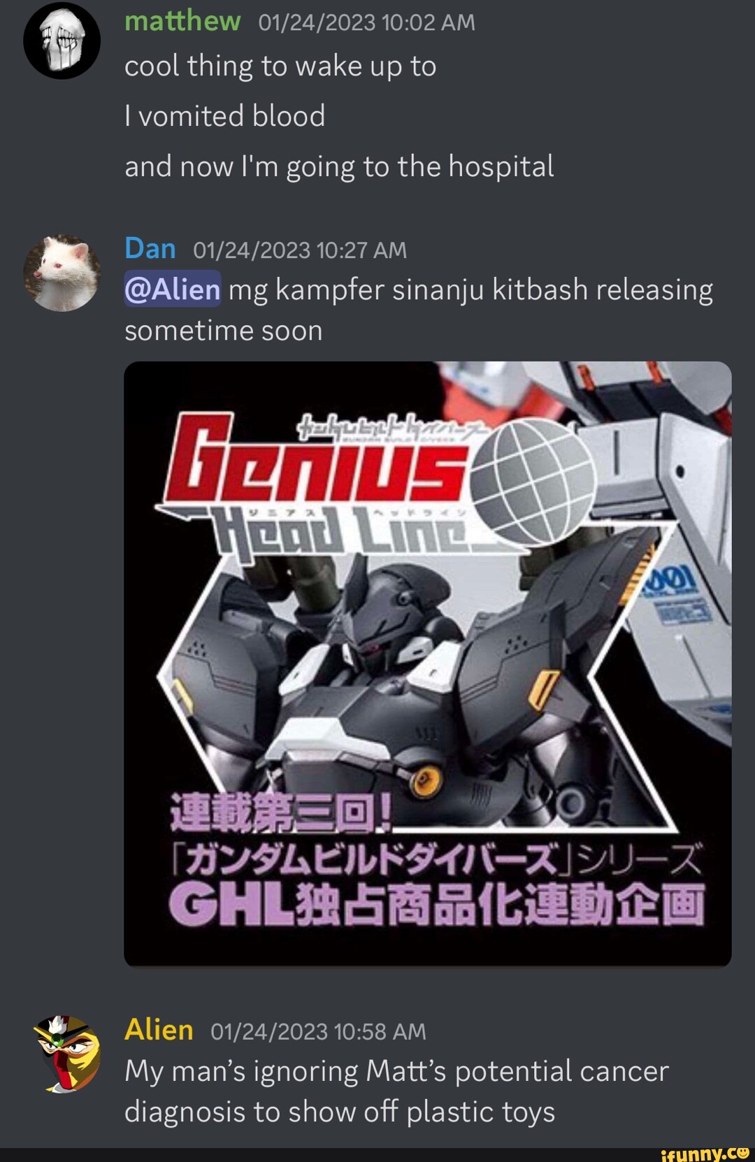 Matthew AM cool thing to wake up to I vomited blood and now I'm going ...