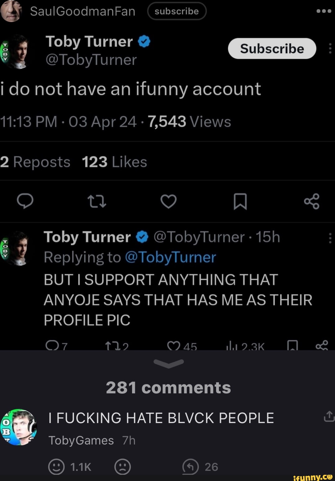 SaulGoodmanFan subscribe @ Toby Turner @ @TobyTurner Subseribe i do not ...