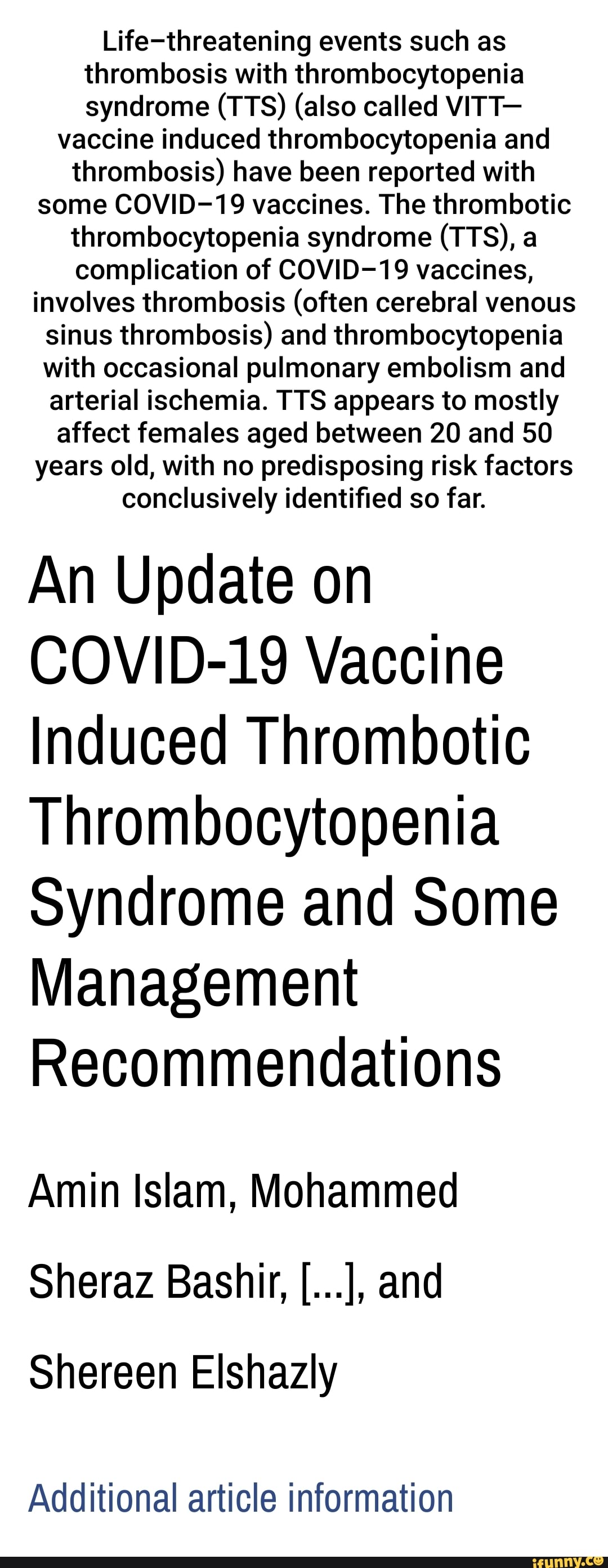 Life--threatening events such as thrombosis with thrombocytopenia ...