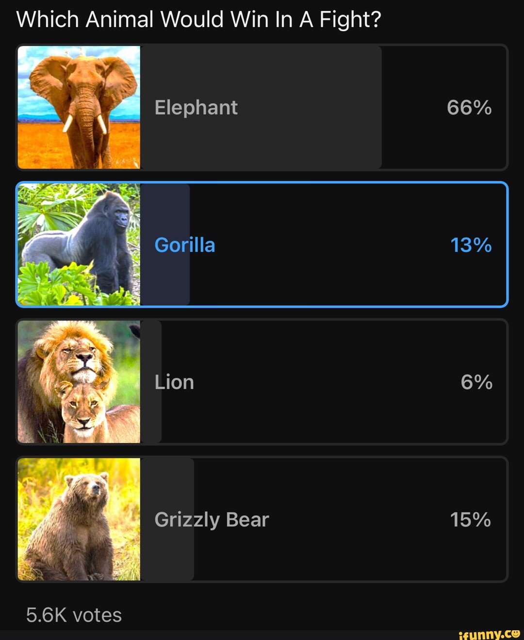Which Animal Would Win In A Fight? _I Elephant 66% Gorilla Lion Grizzly ...