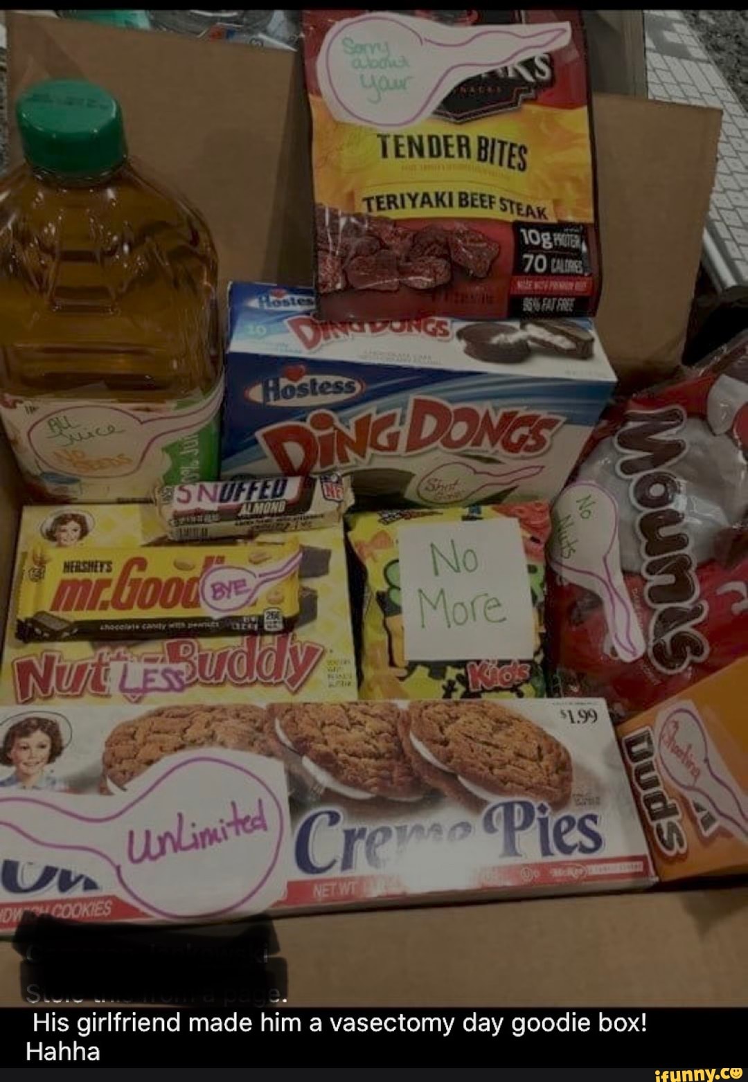 His girlfriend made him a vasectomy day goodie box! Hahha - iFunny