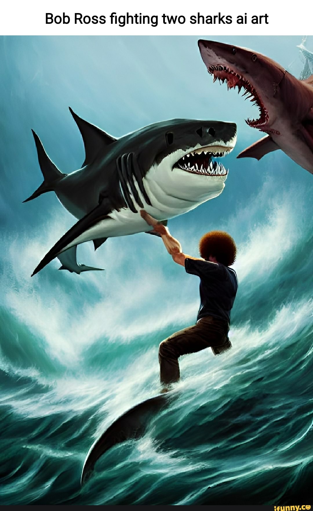 Bob Ross fighting two sharks ai art toe tu, - iFunny