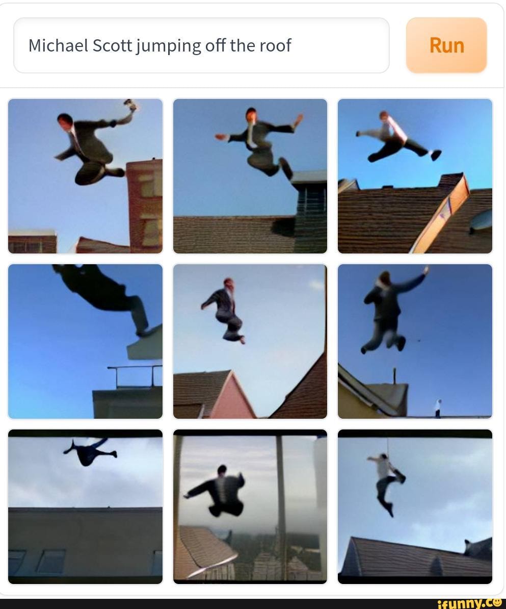Michael Scott jumping off the roof Run - iFunny