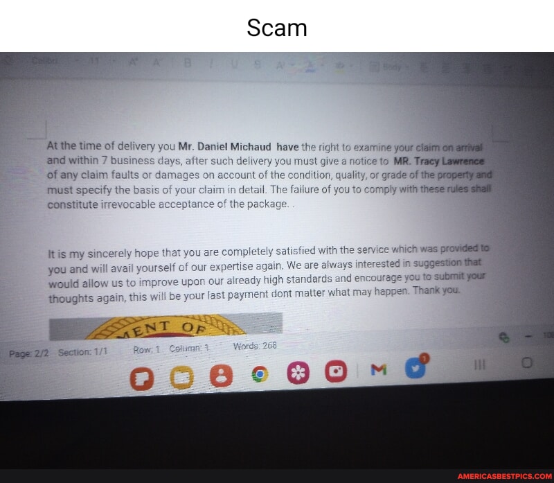 Scam At the time of delivery you Mr. Daniel Michaud have the right to ...