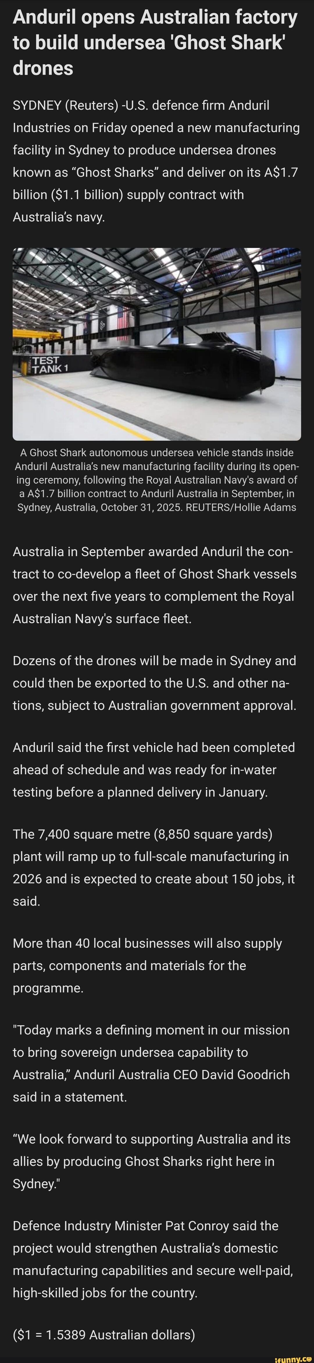 Anduril opens Australian factory to build undersea 'Ghost Shark' drones SYDNEY (Reuters) -U.S ...