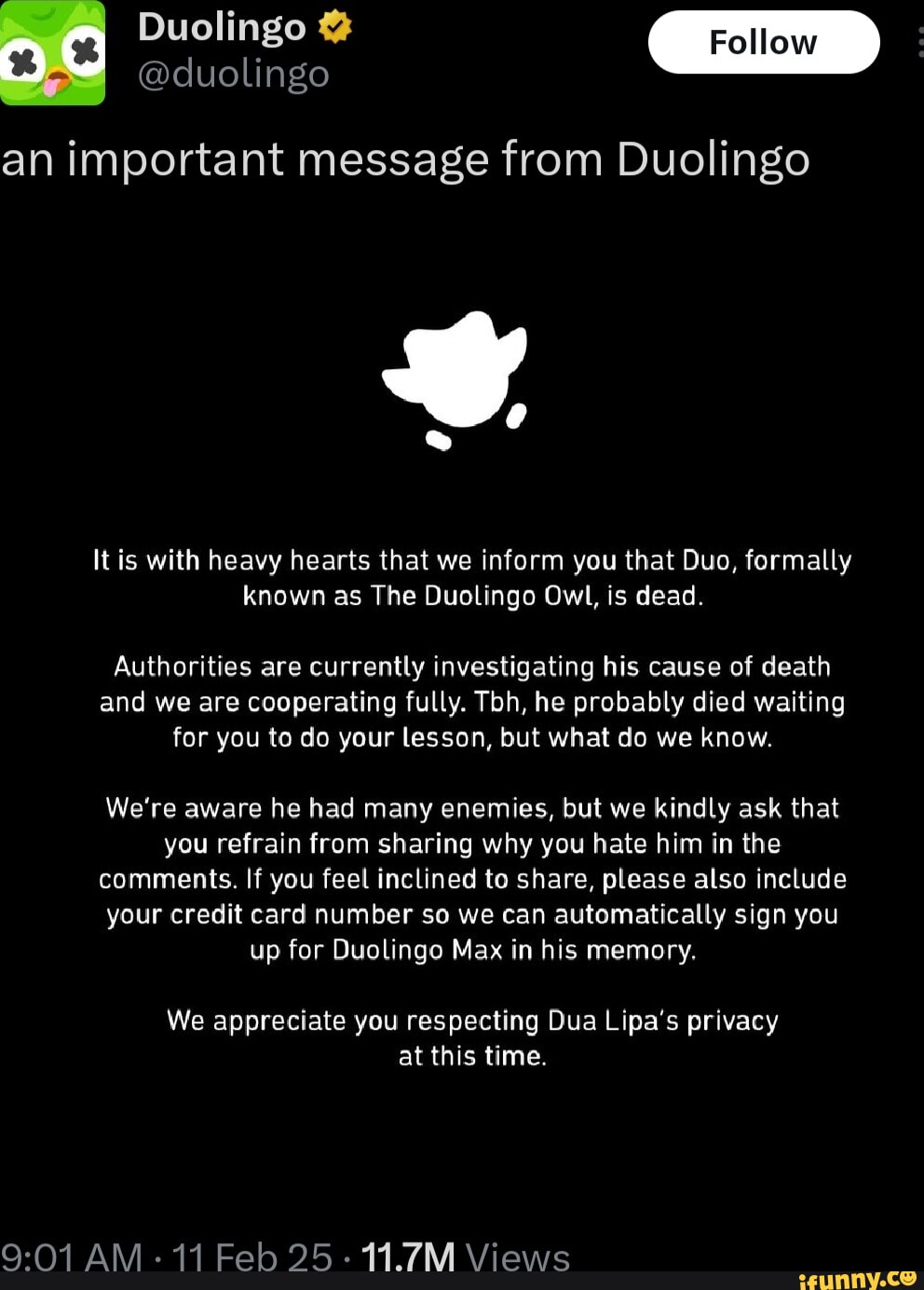 Duolingo @duolingo Follow an important message from Duolingo It is with ...
