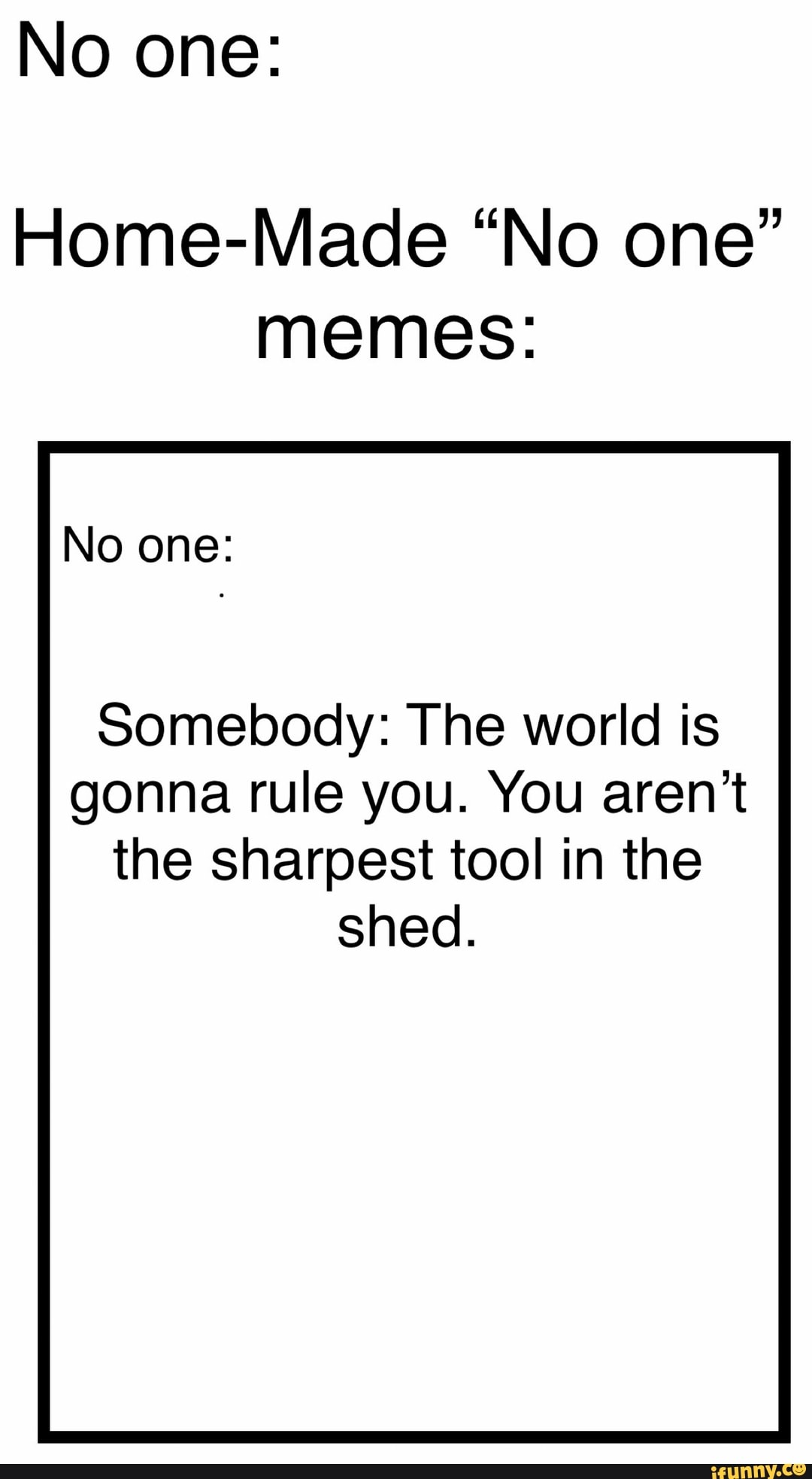 No one: Home-Made “No one” memes: No one: Somebody: The world is gonna ...