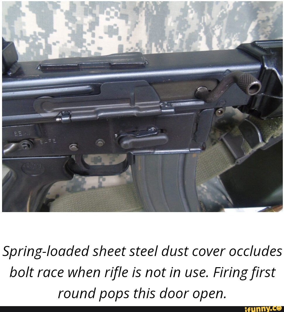 Spring-loaded sheet steel dust cover occludes bolt race when rifle is ...