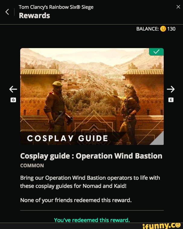 Tom Clancy's Rainbow Siege Rewards BALANCE: 130 COSPLAY GUIDE Cosplay ...