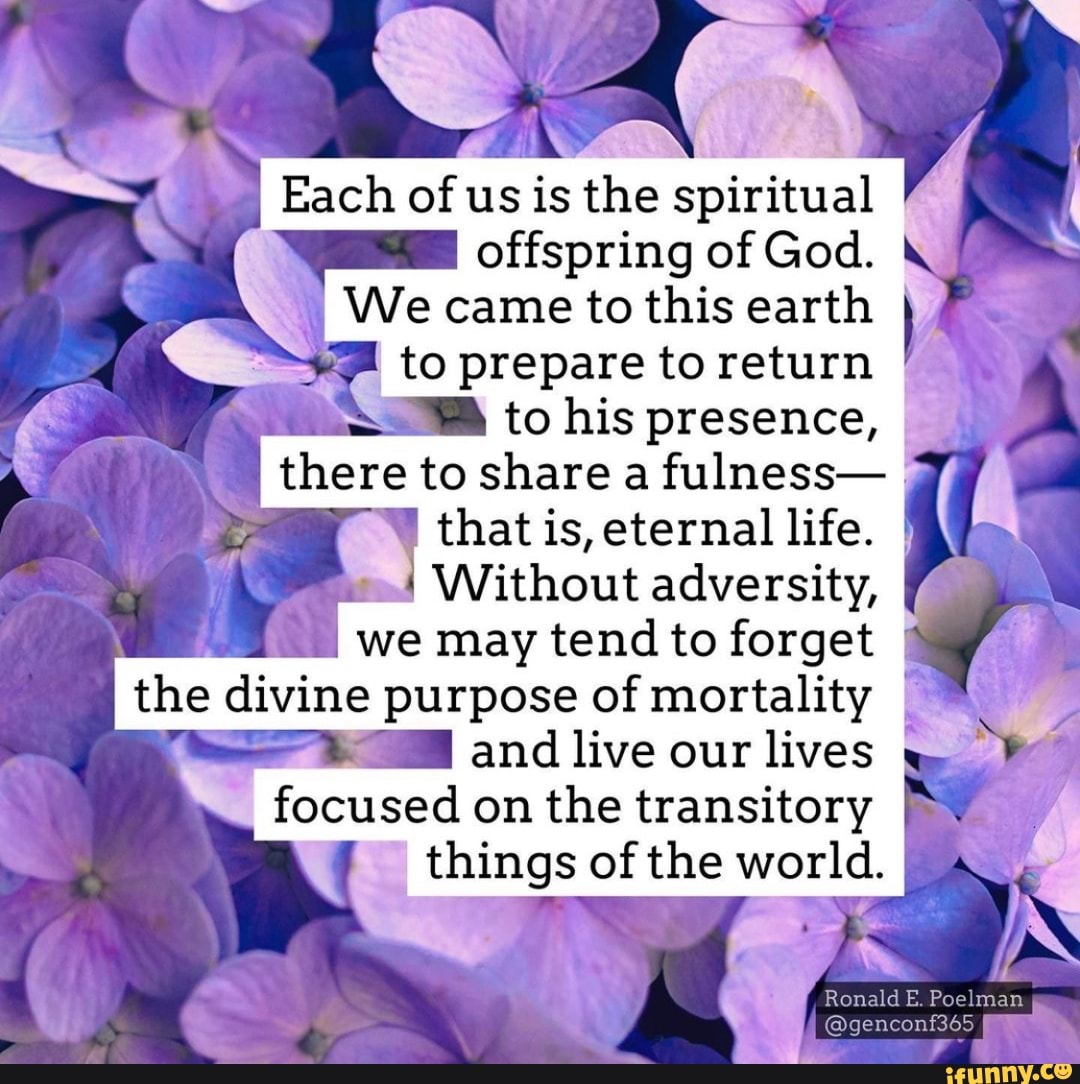 Each of us is the spiritual offspring of God. We came to this earth I ...
