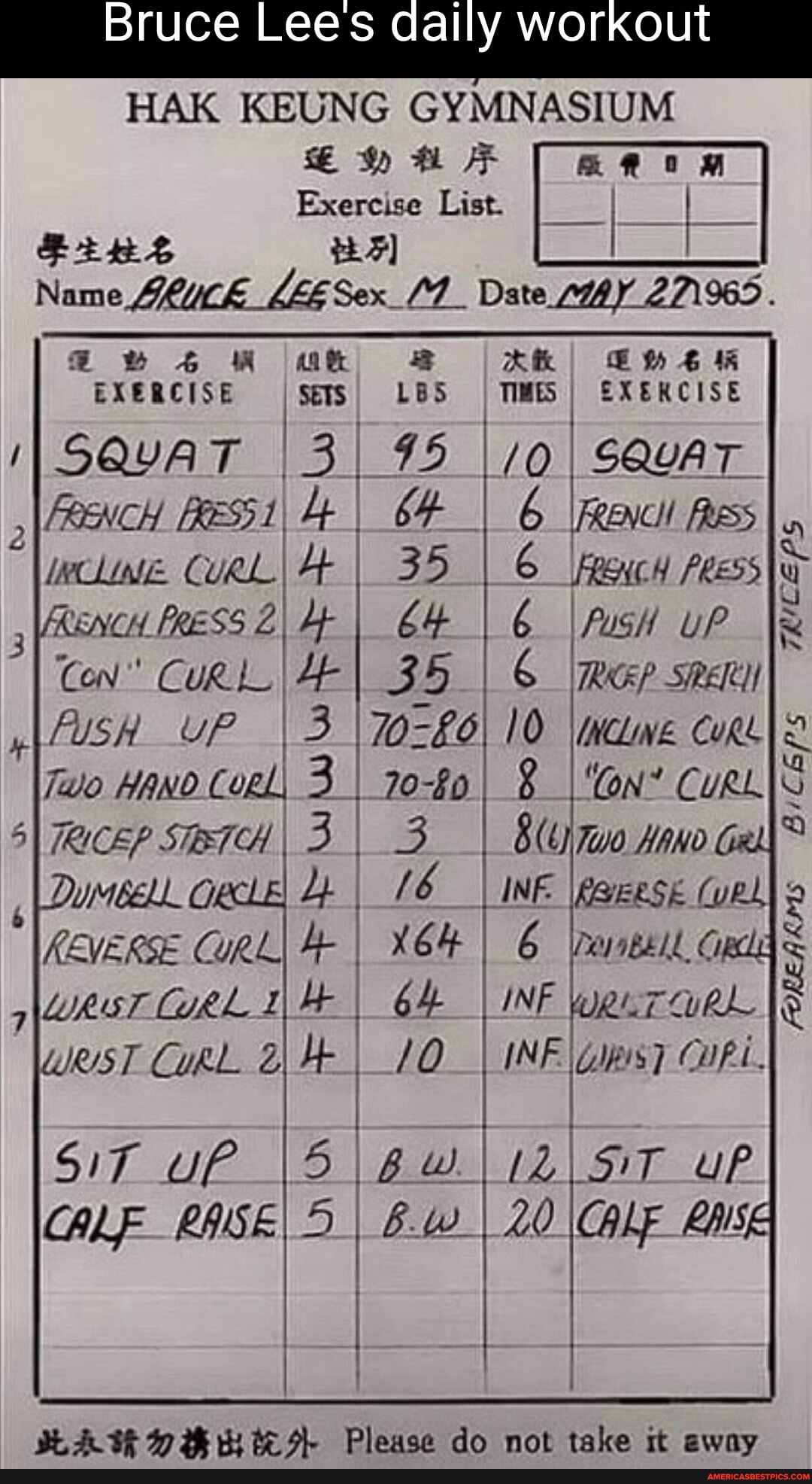 Bruce Lees daily workout HAK KEUNG GYMNASIUM F AROEM Exercise List. I I ...