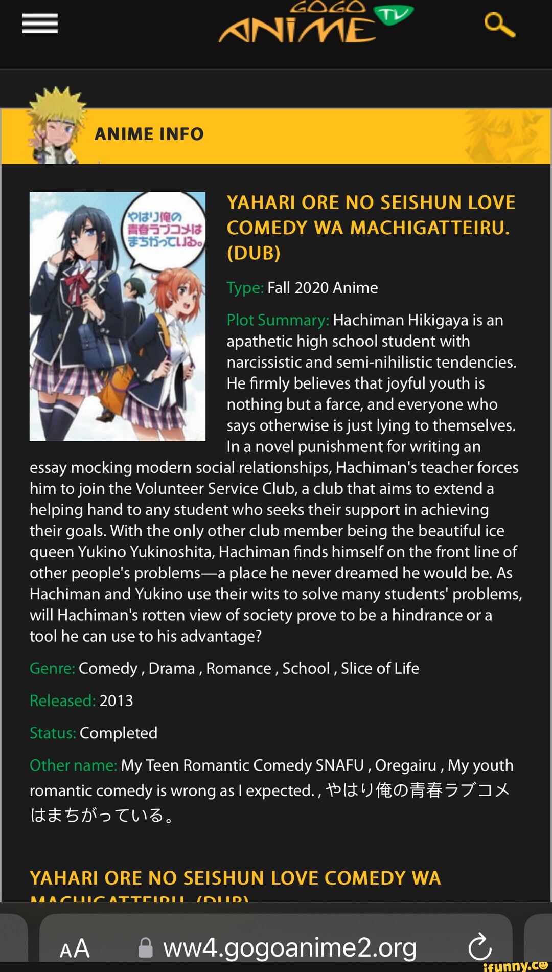 (DUB) YAHARI ORE NO SEISHUN LOVE COMEDY WA MACHIGATTEIRU. Type: Fall ...