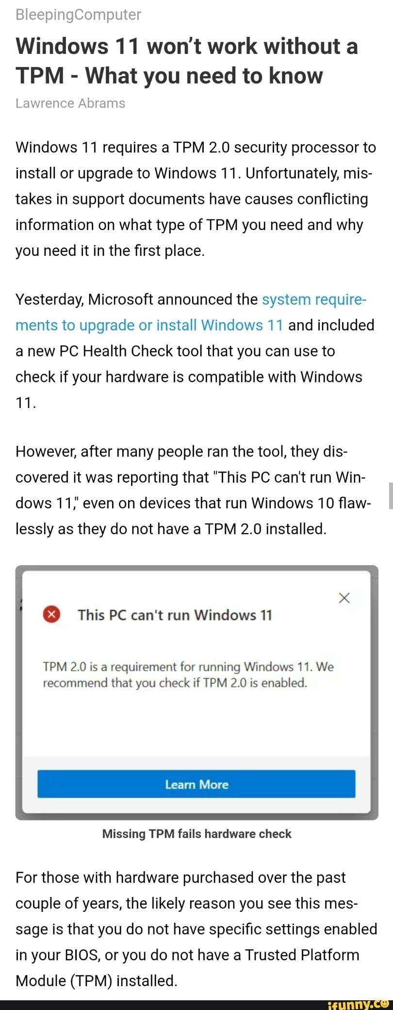 BleepingComputer Windows 11 won't work without a TPM - What you need to know Lawrence Abrams ...