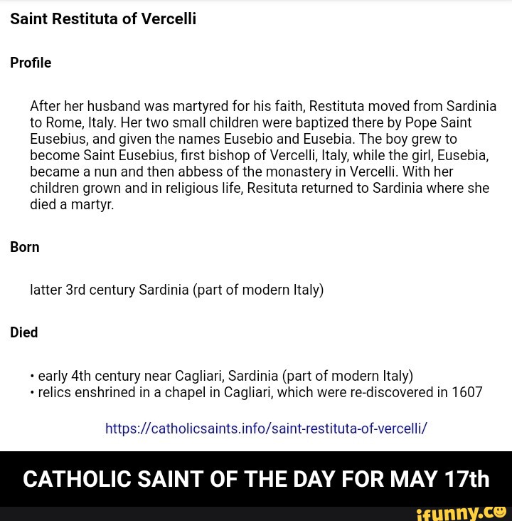 Saint Restituta of Vercelli Profile After her husband was martyred for ...