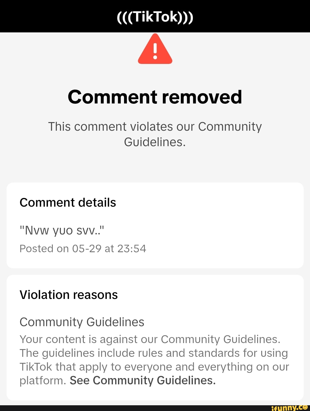 (((TikTok))) Comment removed This comment violates our Community ...