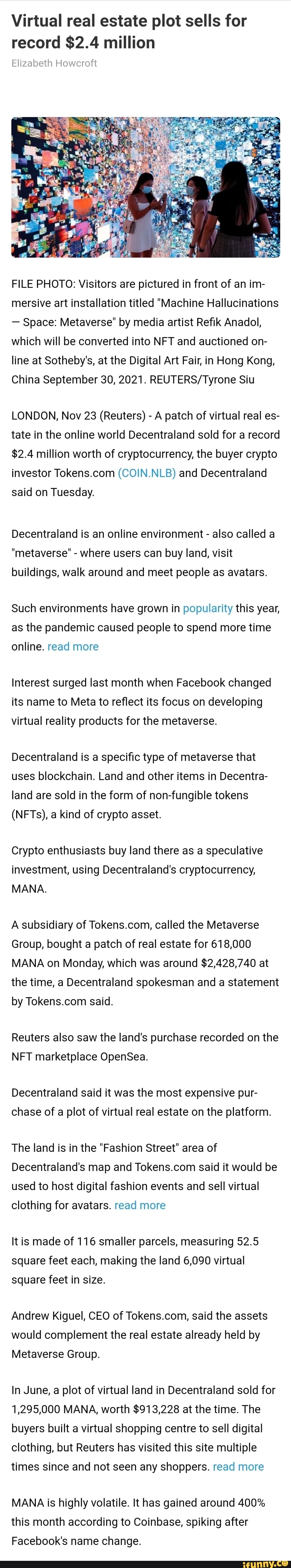 Virtual real estate plot sells for record $2.4 million eth Howcroft ...