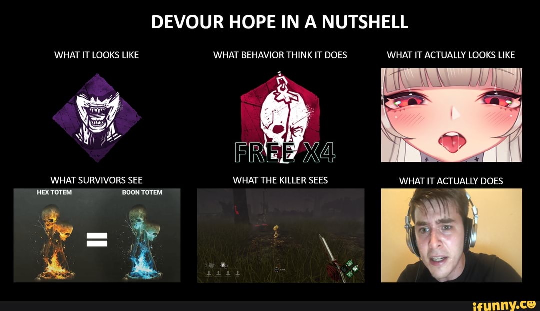 DEVOUR HOPE IN A NUTSHELL WHAT IT LOOKS LIKE Yer WHAT SURVIVORS SEE HEX TOTEM BOON TOTEM WHAT ...