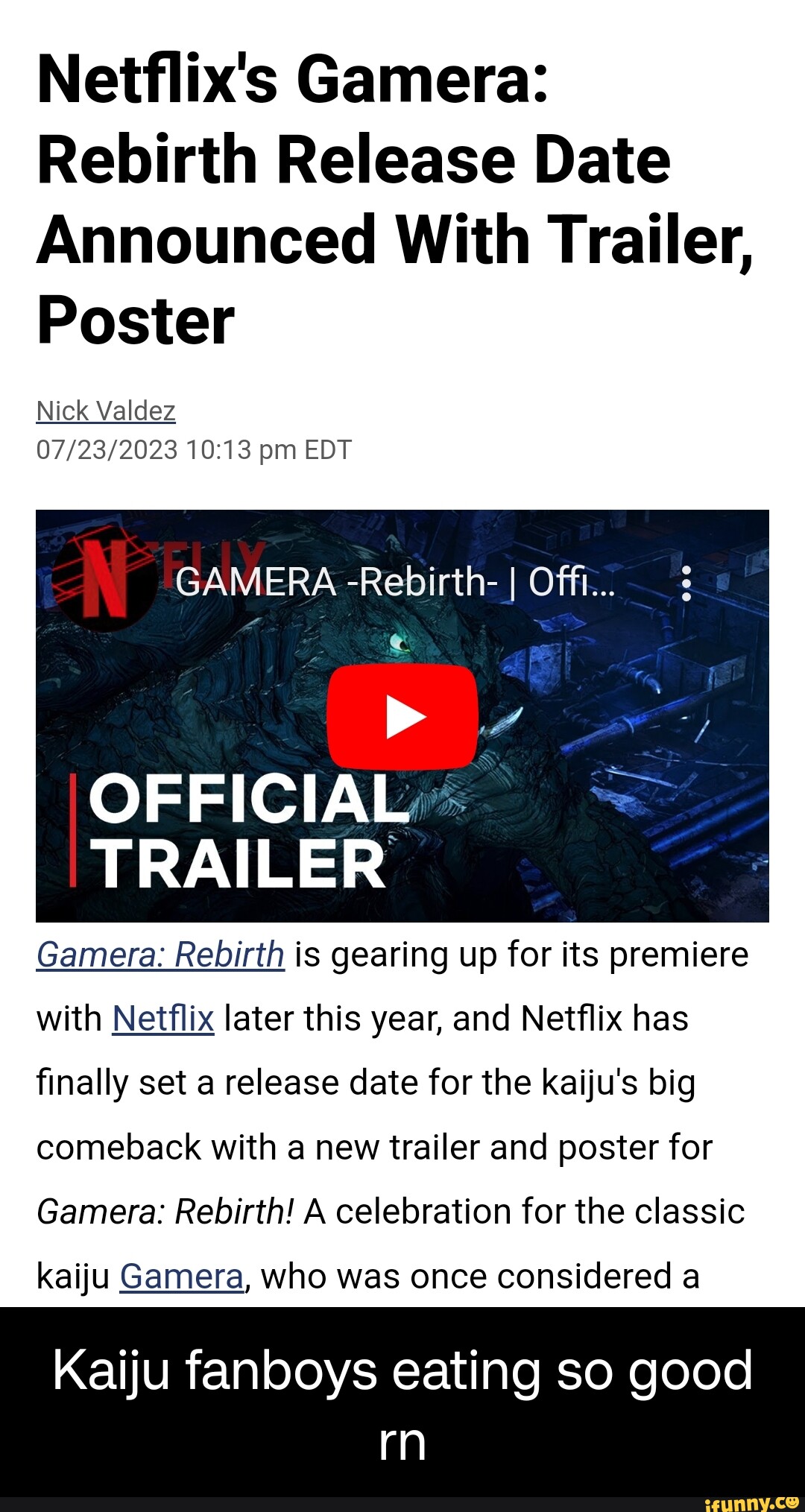 Netflix's Gamera: Rebirth Release Date Announced With Trailer, Poster Nick Valdez pm EDT GAMERA ...