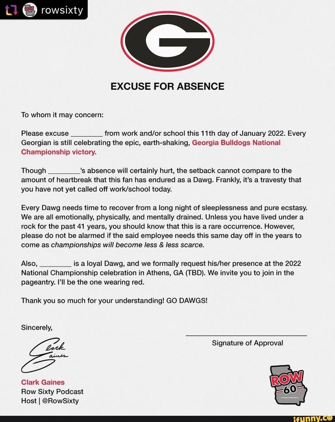 EXCUSE FOR ABSENCE rowsixty To whom it may concern: Please excuse ...