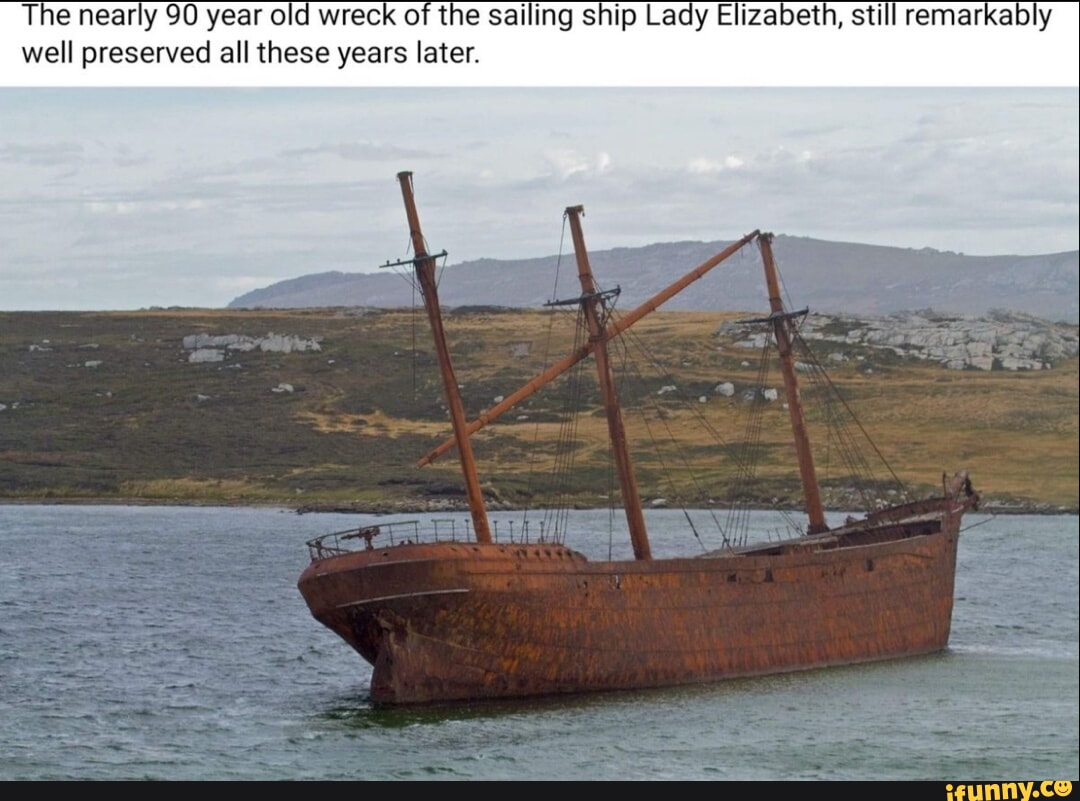 The nearly 90 year old wreck of the sailing ship Lady Elizabeth, still ...