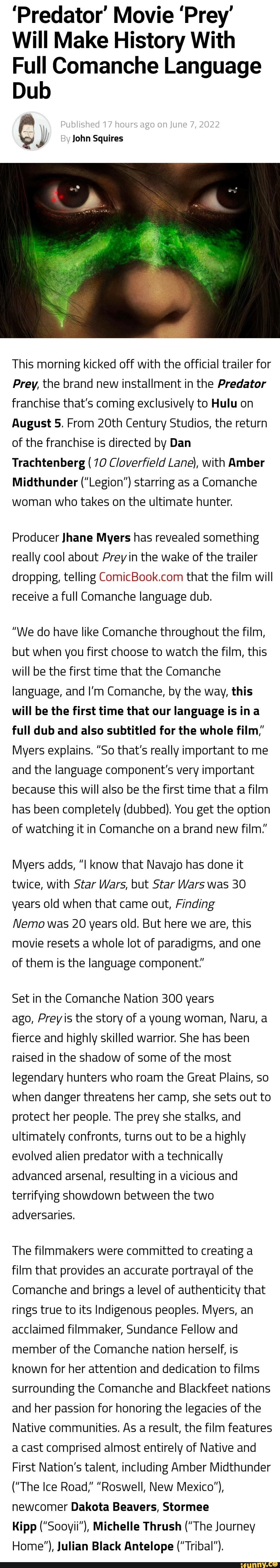 'Predator' Movie 'Prey' Will Make History With Full Comanche Language ...