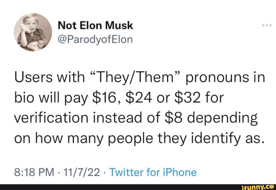 Not Elon Musk @ParodyofElon Users with pronouns in bio will pay $16 ...