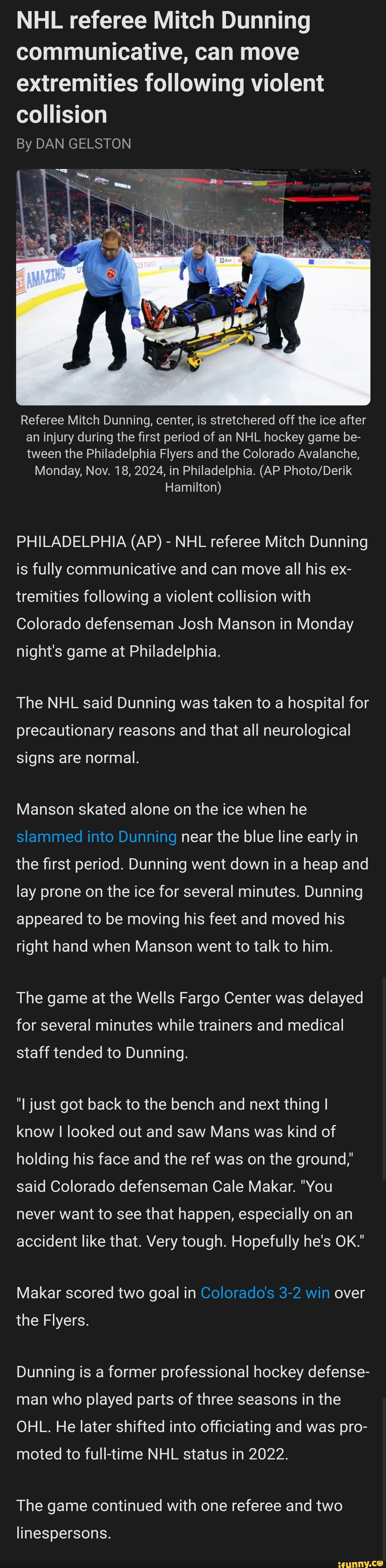 NHL referee Mitch Dunning communicative, can move extremities following ...