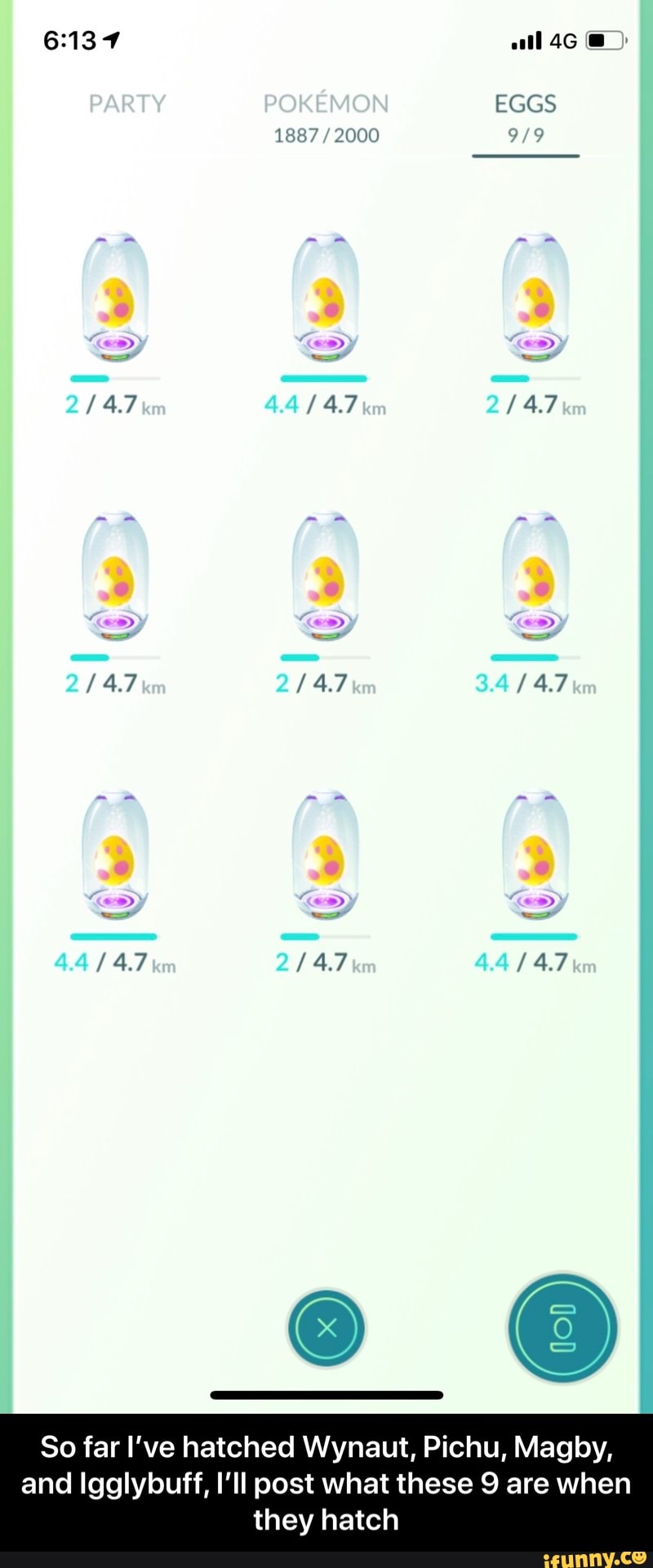 So far I’ve hatched Wynaut, Pichu, Magby, and Igglybuff, I’ll post what ...