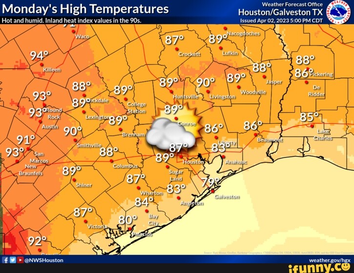 Monday's High Temperatures TX Hot and humid. Inland heat index values ...