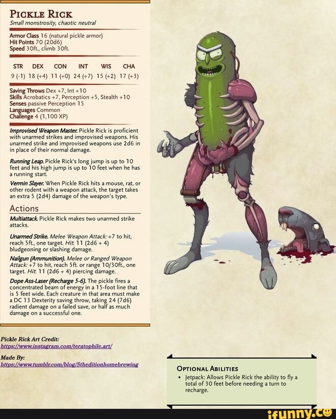 Pick1e Rick 'Small monstrosity, chaotic neutral 'Armor Class 16 ...