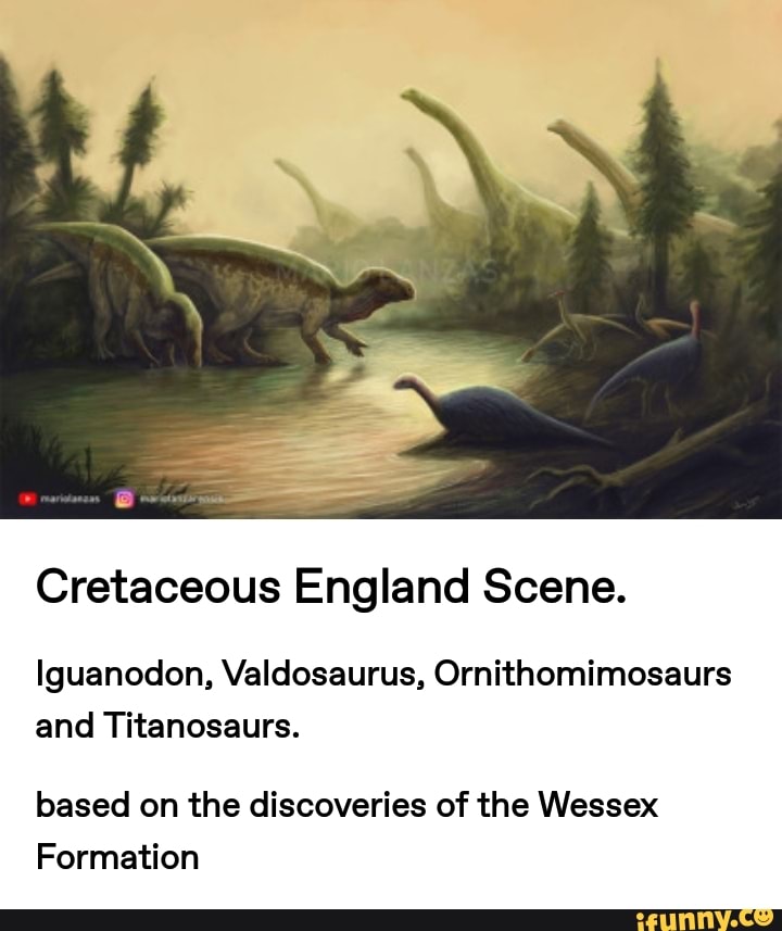 Cretaceous England Scene. Iguanodon, Valdosaurus, Ornithomimosaurs and ...