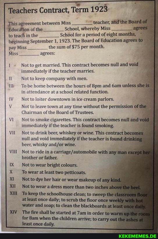 Teachers Contract, Term 1923. 'This agreement between Miss teacher ...