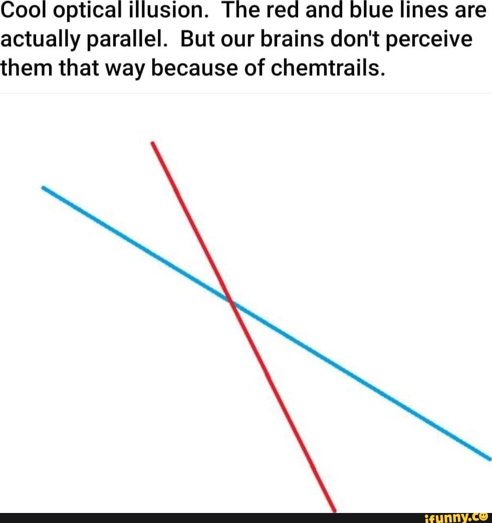 Cool optical illusion. The red and blue lines are actually parallel ...