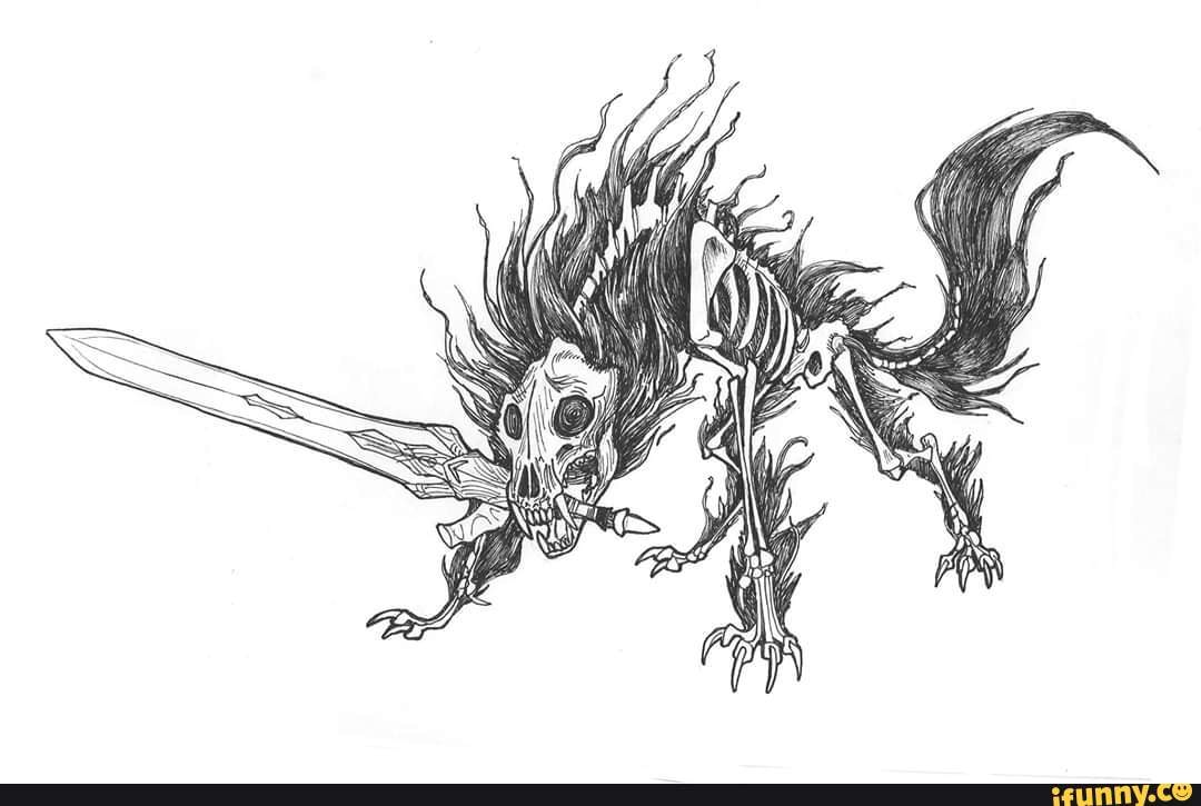 Ink drawing of a crossover of Darkbeast paarl from Bloodborne and Sif ...