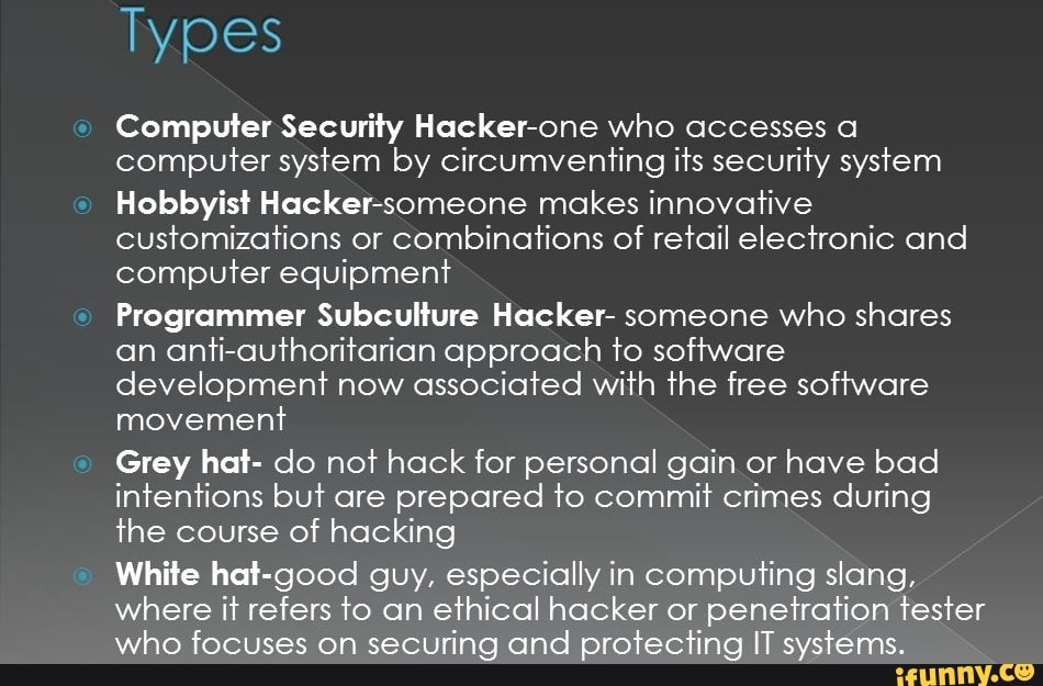 Types Computer Security Hacker-one who accesses a computer system by ...