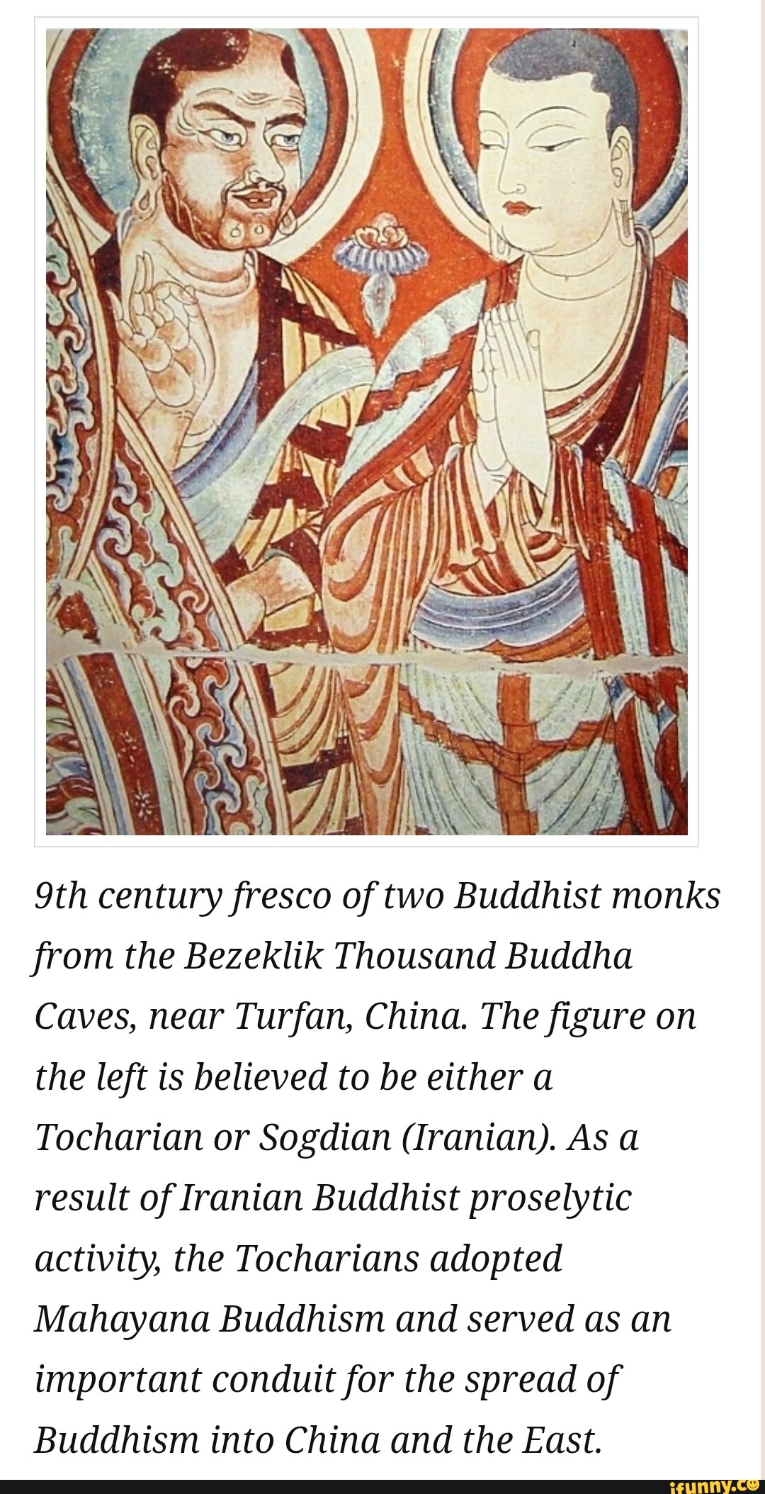 Century fresco of two Buddhist monks from the Bezeklik Thousand Buddha ...