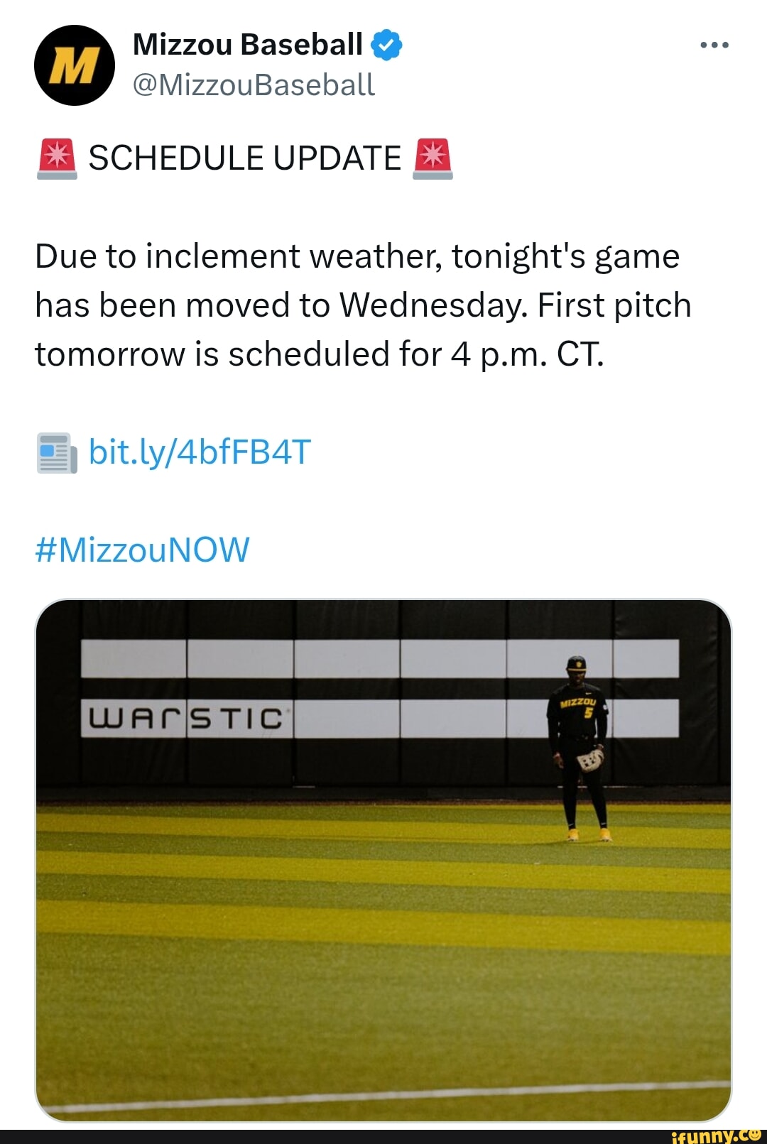 Mizzou Baseball @MizzouBaseball SCHEDULE UPDATE Due to inclement ...
