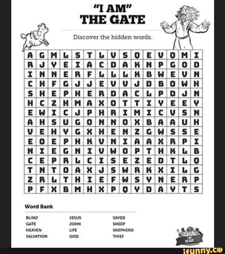 AM" Discover the hidden words. Word Bank savED SMEEP JEsus 20HN GaTe ...